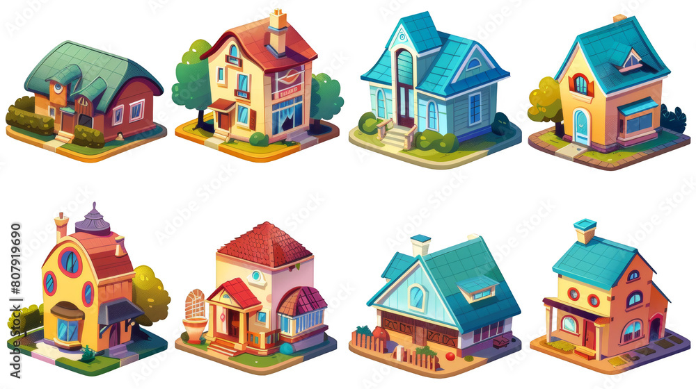 set of Building structure icons, cartoon style, cute icons, transparent ...