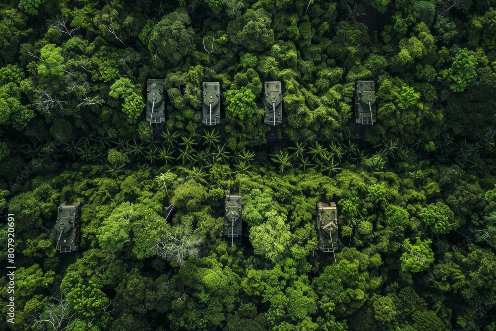 An aerial view of an Military tank M1 Abrams column moving through a ...