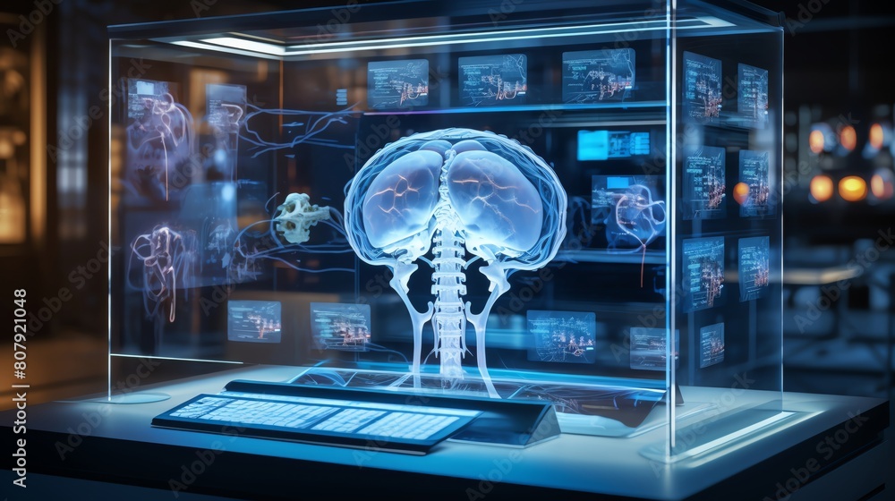 Closeup of a hightech MRI console with glowing screens displaying ...