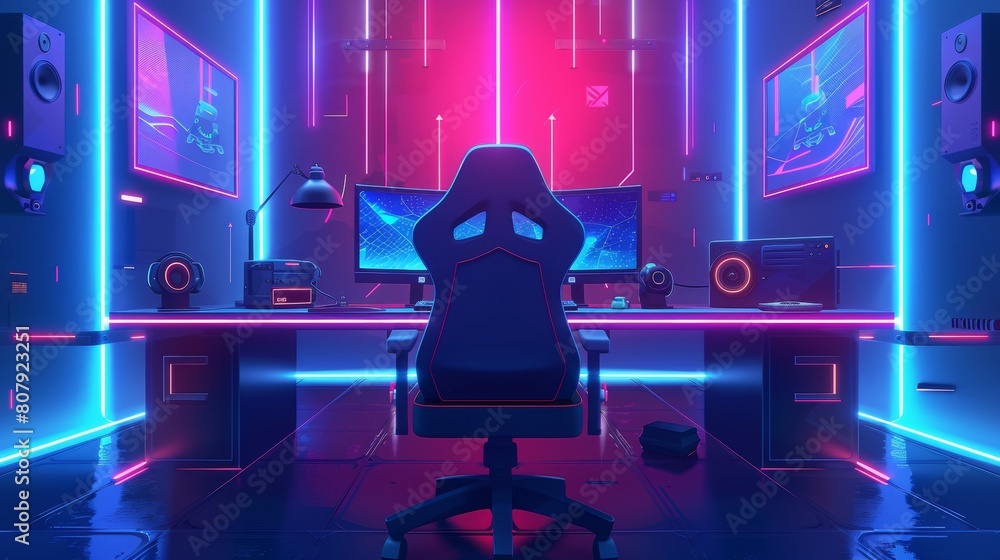 The teen streamer room has a neon teen streamer background with desk ...