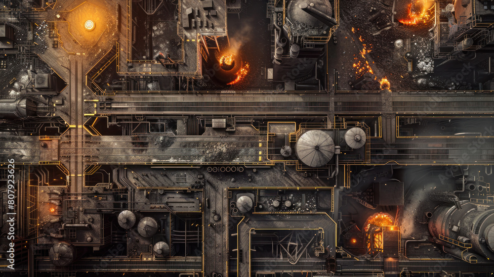 an overhead view of a busy steel mill, with molten metal pouring from ...