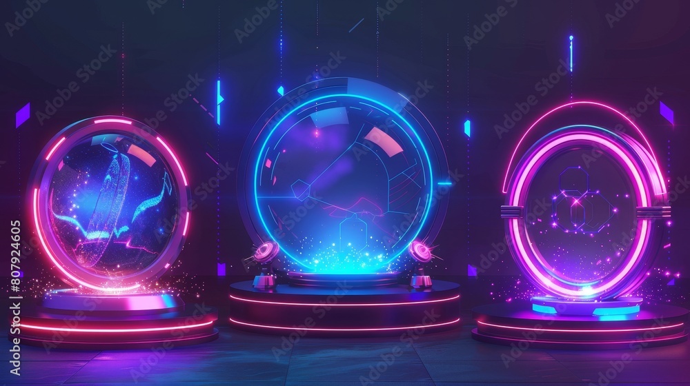 A hologram game portal with a hud light effect. A magic podium with ...