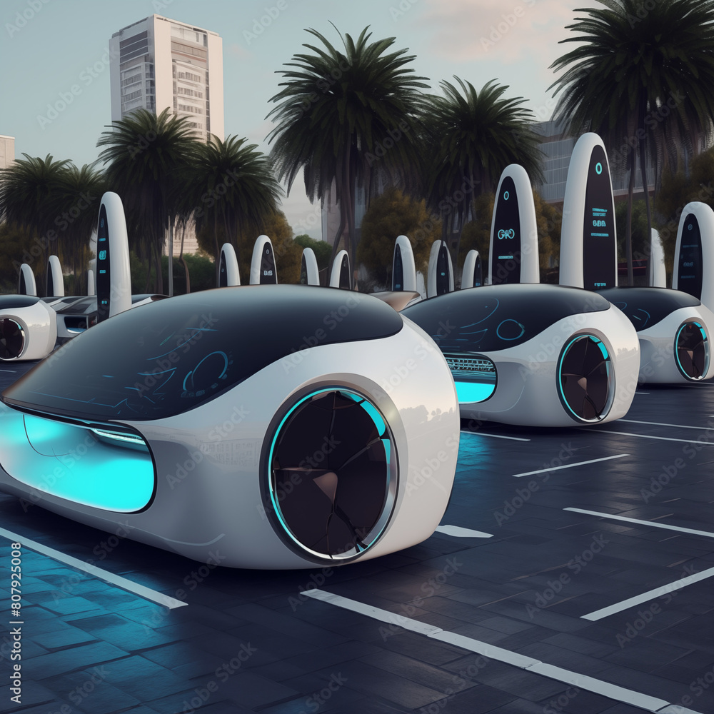 There are white electric cars with streamlined designs and smooth ...