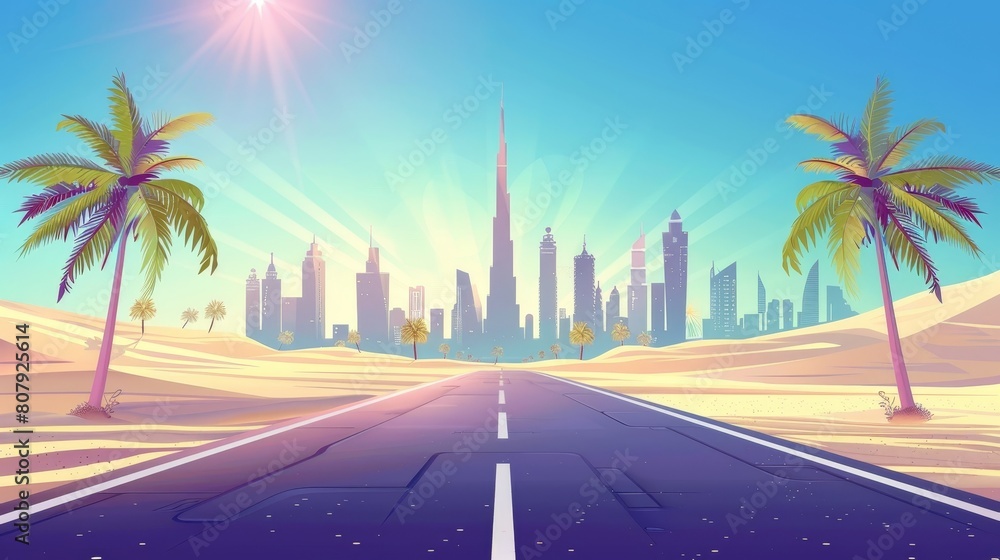 Desert road with palm trees modern background. Empty highway scene with ...