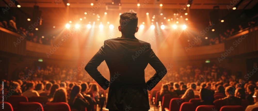 In this back view, an entertainer stands on stage, greets the audience ...