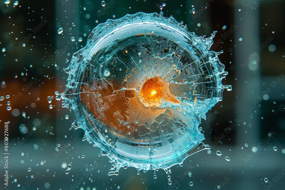 An impactful moment of a bullet piercing through a liquid surface ...