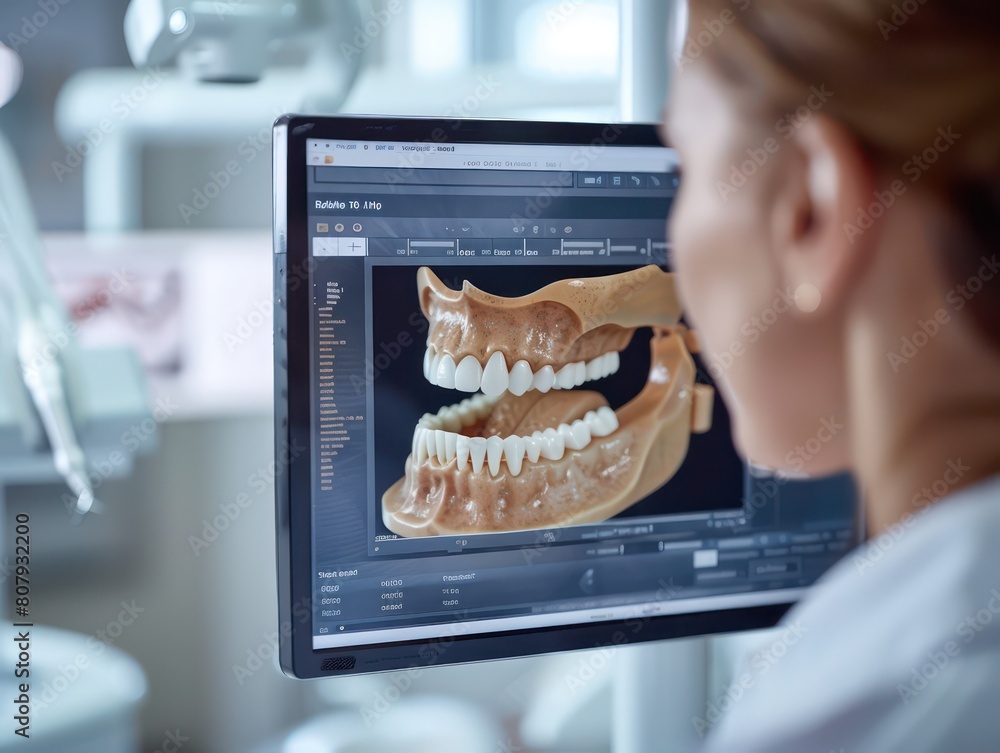 dental design software on the screens, with teeth and jaw images in a ...