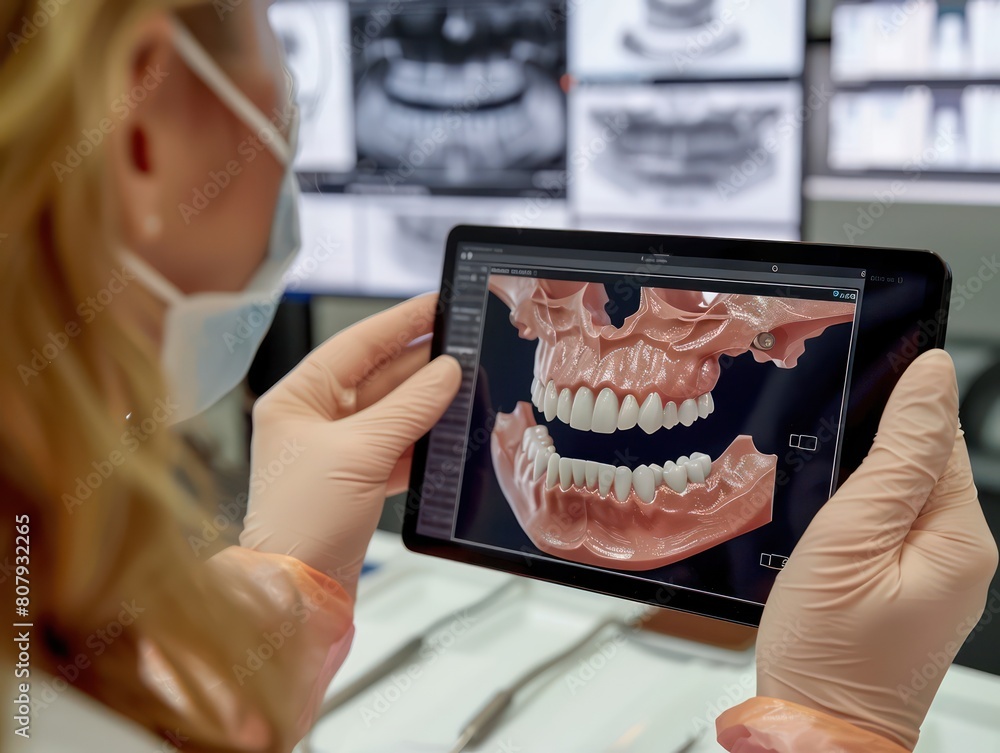 dental design software on the screens, with teeth and jaw images in a ...