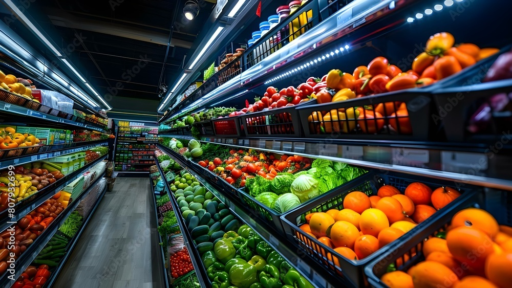 Birds eye view of welllit grocery store aisle with fresh produce ...