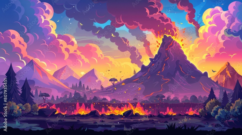 The volcano cartoon modern animation with snow, lava, and smoke. Magma ...