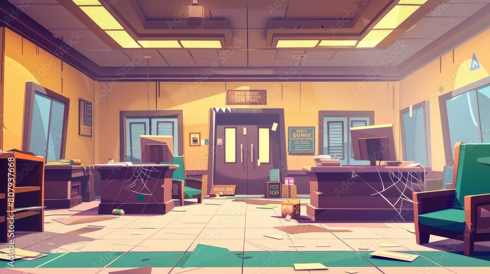 Interior of an abandoned bank office with furniture. A messy waiting ...