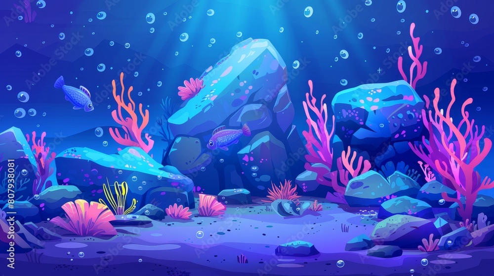 Aquatic habitat wildlife drawing environment. Deep sea under water ...