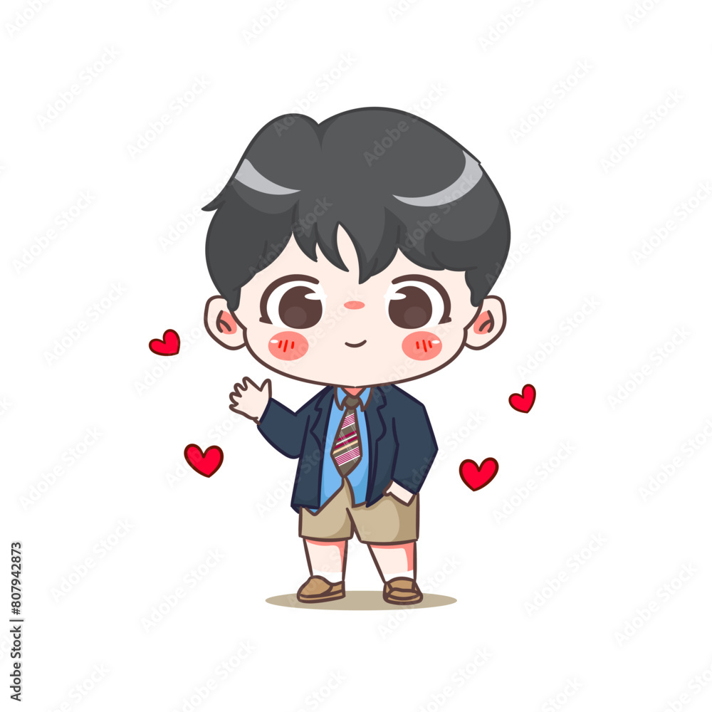 Cute boy wearing uniform waving hand cartoon character. Korean style ...