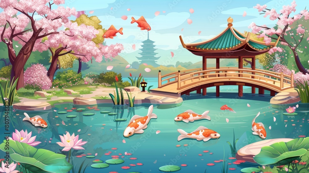 An illustration of a Japanese city park with lots of koi fish and lotus ...
