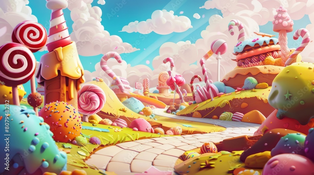 Landscape background of a sweet candy land game. Cake in chocolate and ...