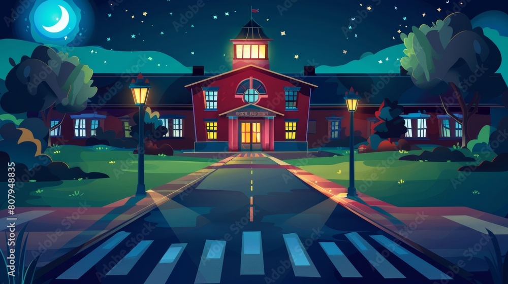 Dark city landscape cartoon with red schoolhouse with red walls and ...