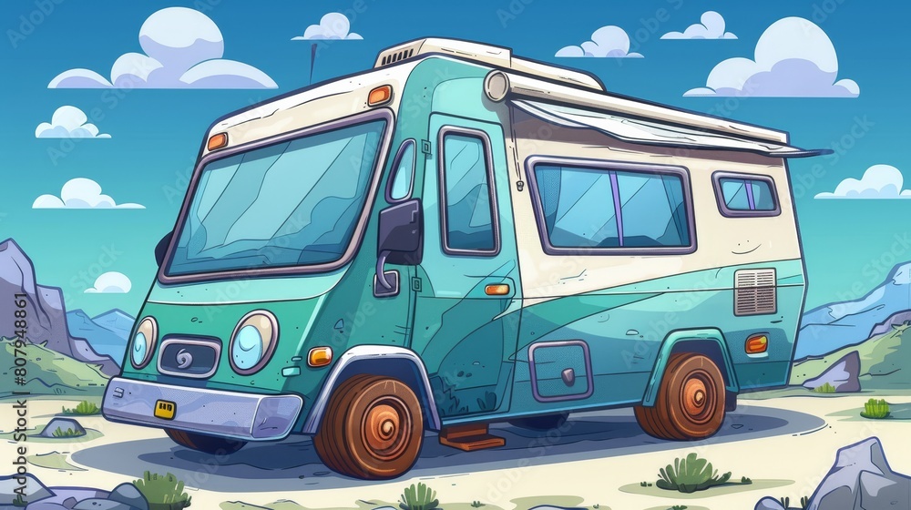 An isolated picture of a camper van car cartoon. A vintage rv bus ...
