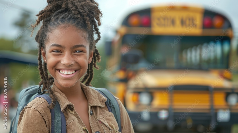 Smiling African American girl schoolgirl, teenager going to school ...