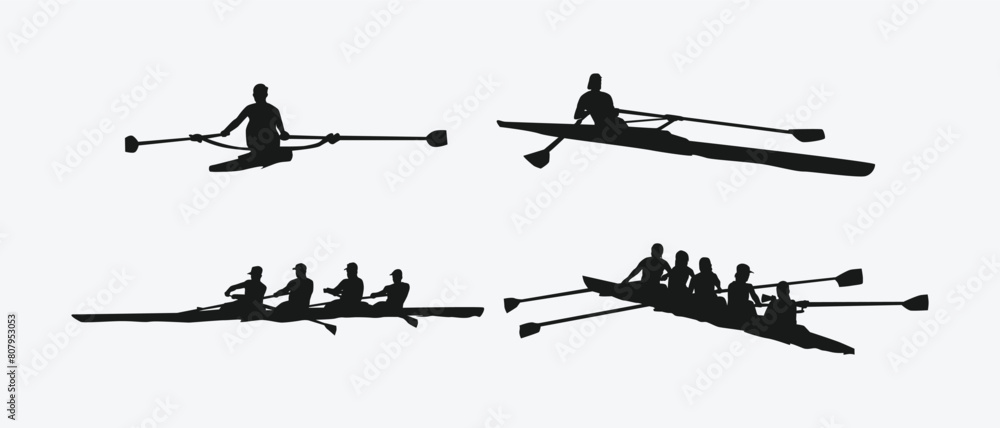 rowing silhouette collection set. water sport, race, transport ...
