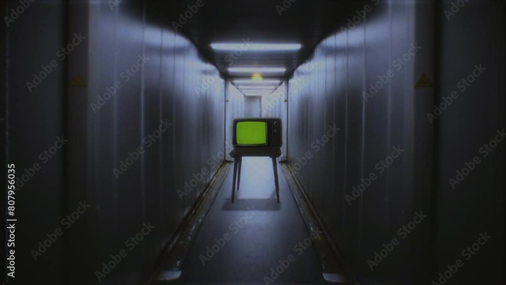 Green Screen TV Narrow Corridor Old VHS Texture Tracking Shot. Building ...
