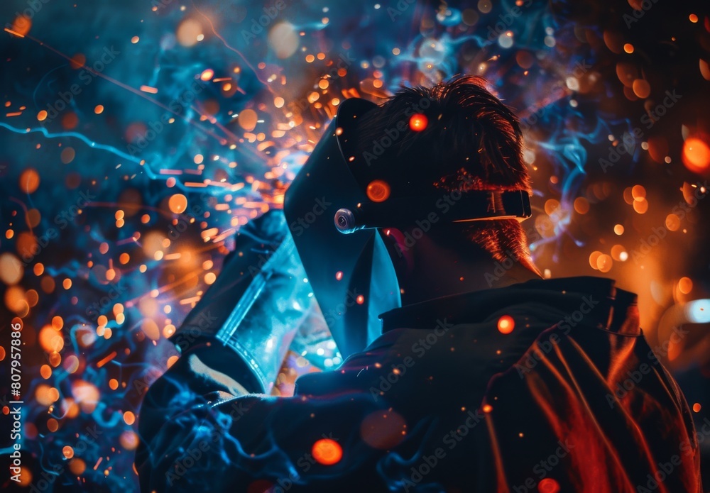 Aesthetic stock photo of an industrial welding worker, sparks and blue ...