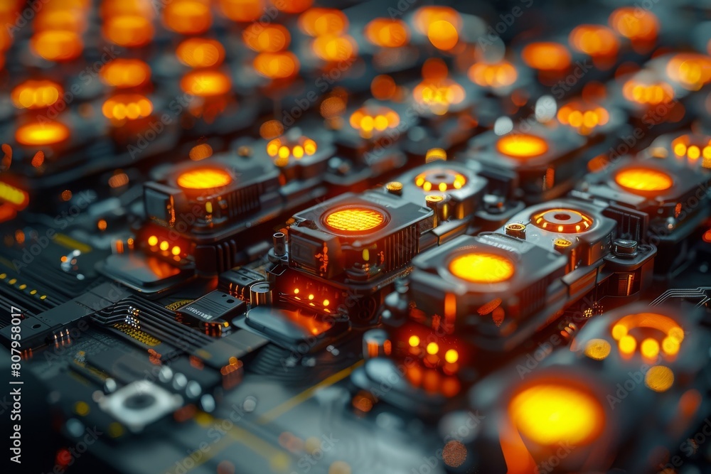 Intricate arrangement of battery cells with radiant orange illumination ...