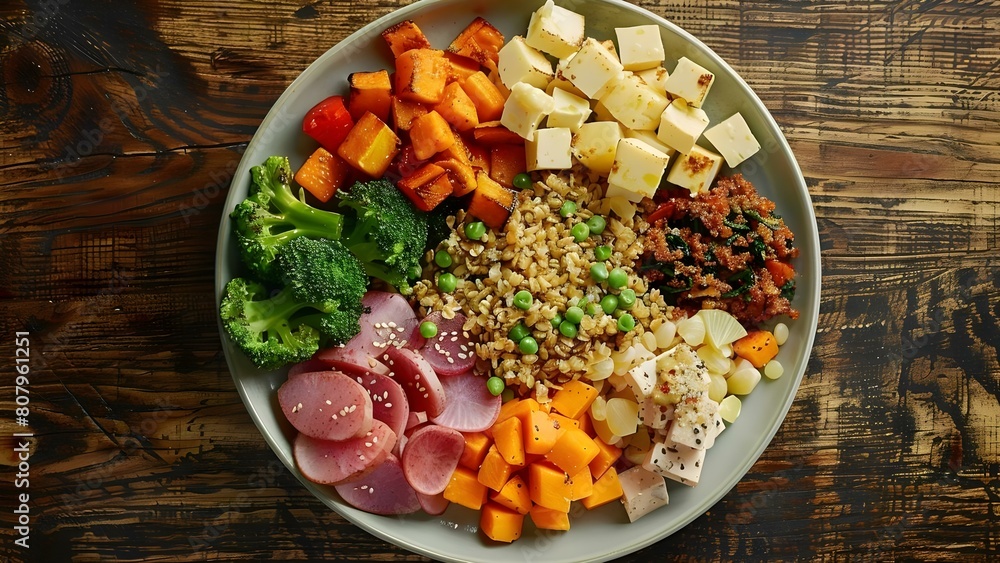 Balanced Meal Portions: Half Plate Veggies, Grains, Protein. Concept ...