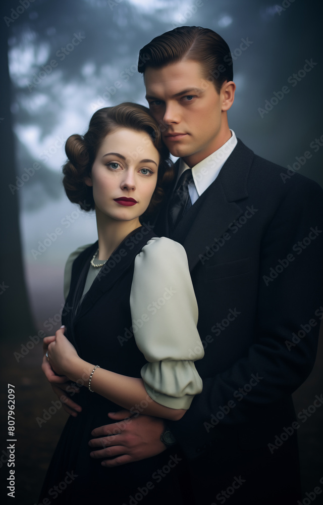 1920s couple in love. Embracing hugging from behind. Young historical ...