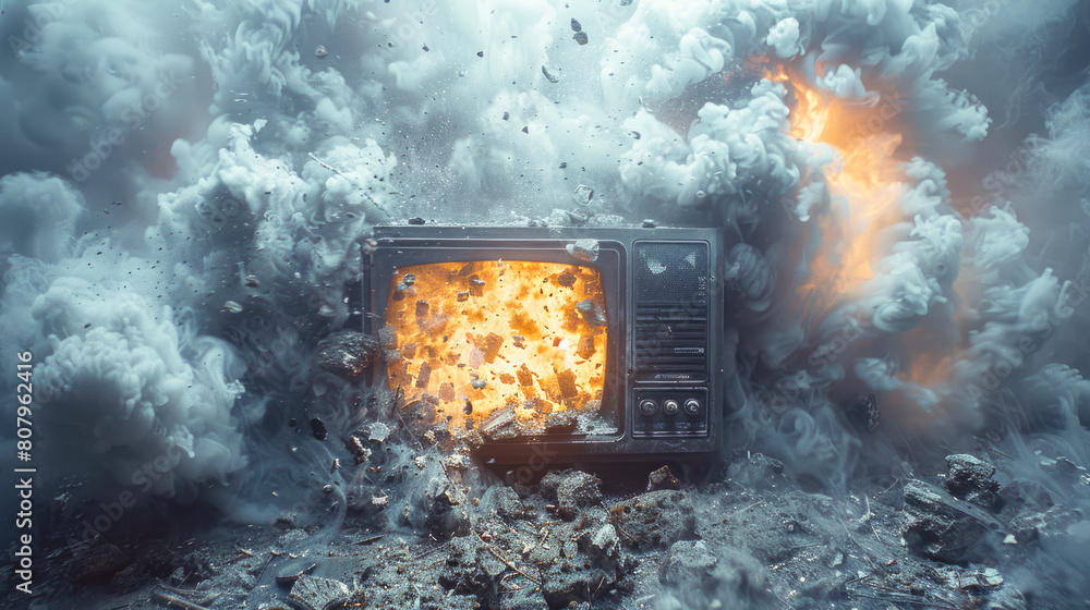 Old vintage TV burning in flames. A destroyed TV as a symbol of refusal ...