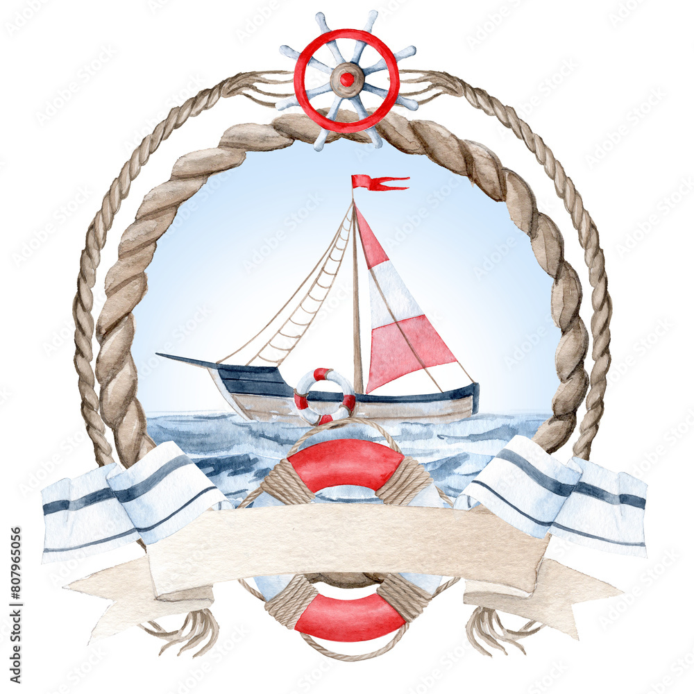 Sea Emblem with Ship and life preserver Stock Illustration | Adobe Stock