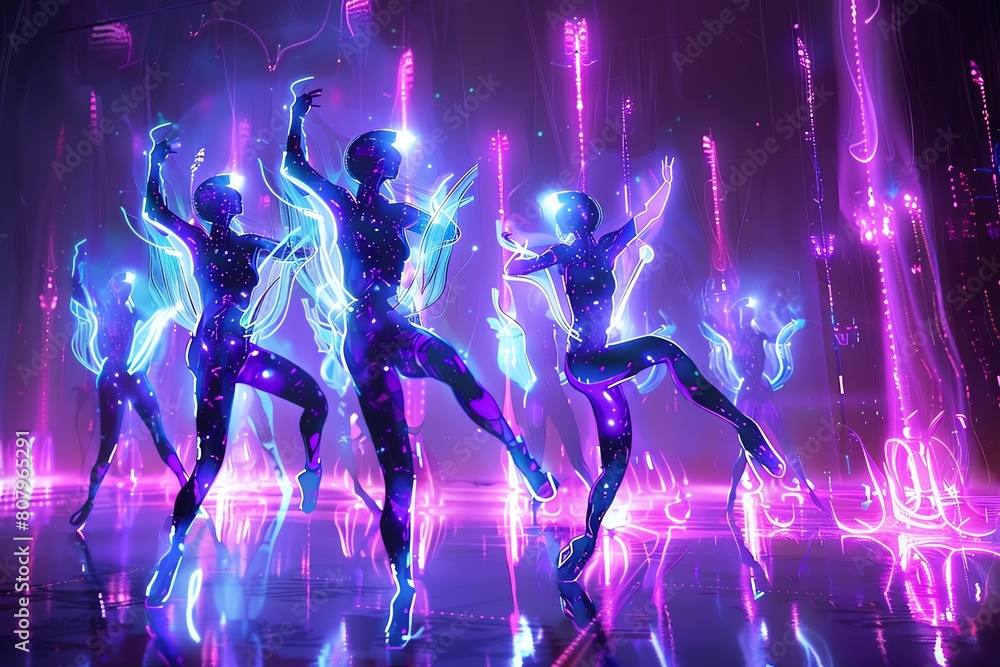 Craft a mesmerizing image featuring neonlit robotic ballet dancers in a ...