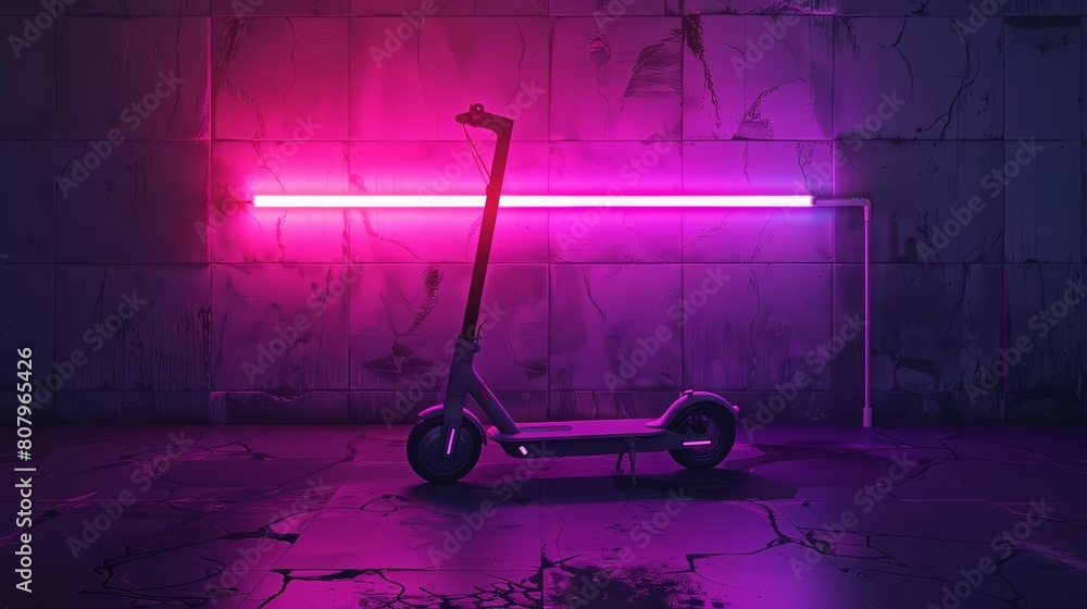 Electric scooters illuminated by violet neon lights hint at a ...