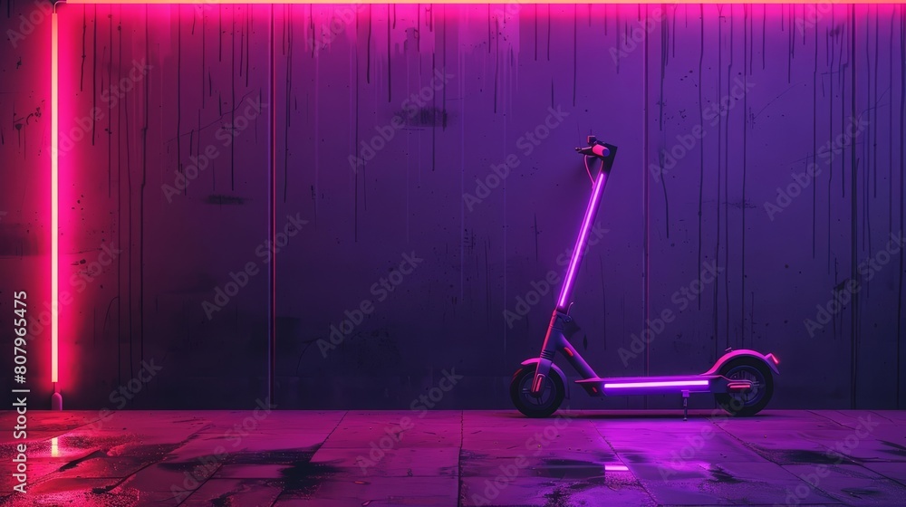 Electric scooters illuminated by violet neon lights hint at a ...