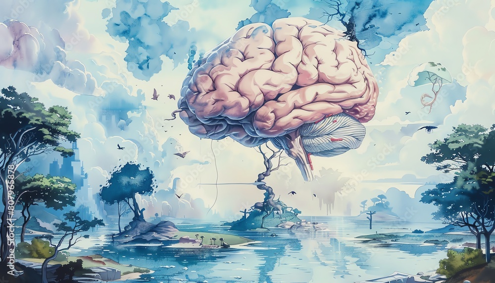 Craft a surreal, frontal view of a giant, floating brain symbolizing ...