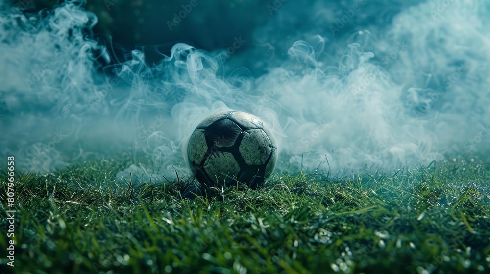 Football lies in the smoke on stadium grass, a sport background that ...