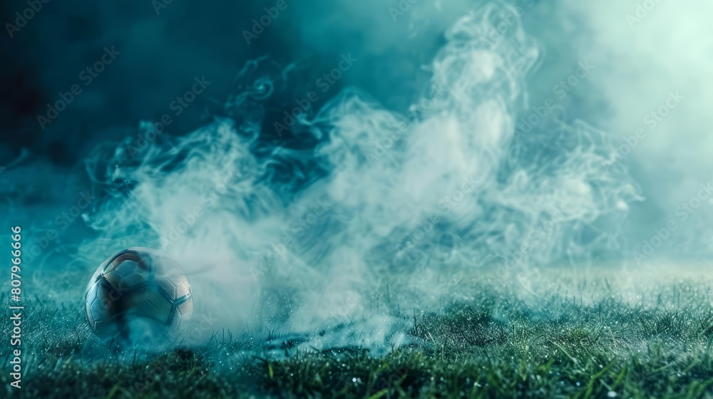 Football lies in the smoke on stadium grass, a sport background that ...