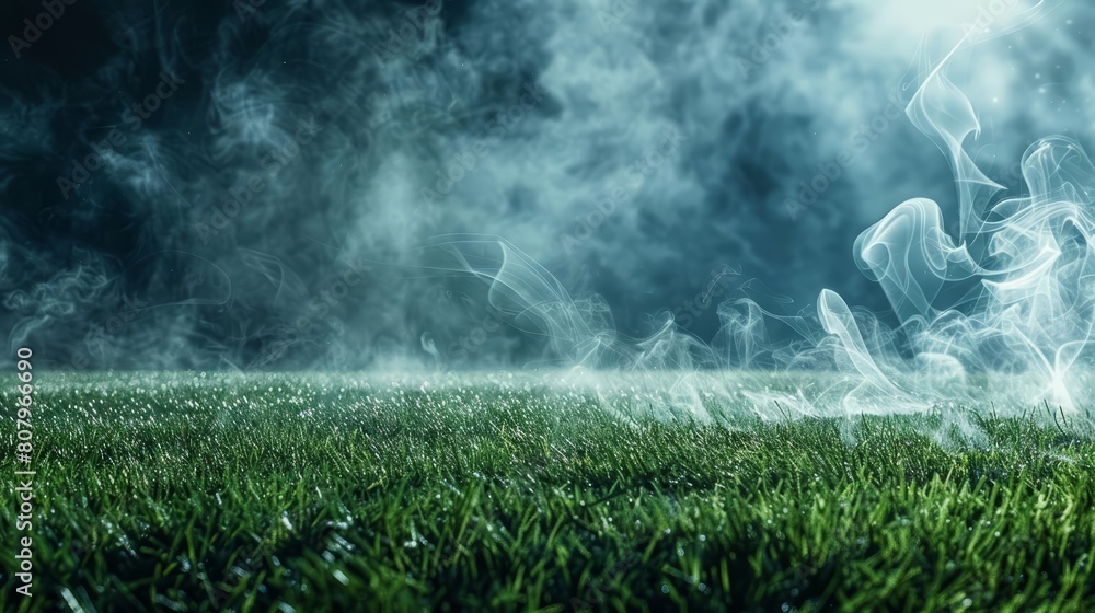Football lies in the smoke on stadium grass, a sport background that ...