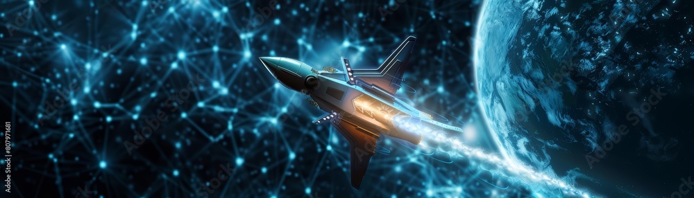 Visualize a dynamic digital spaceship rocketing into the cosmos ...
