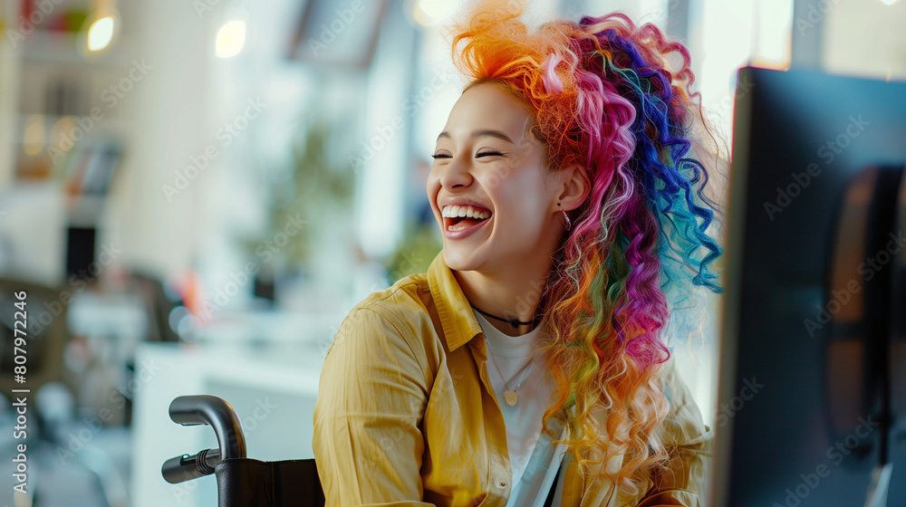 Happy disabled lesbian woman in wheelchair laughing in the office ...