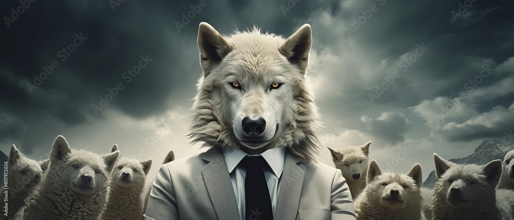 An allegorical representation of a wolf in a suit with sheep ...