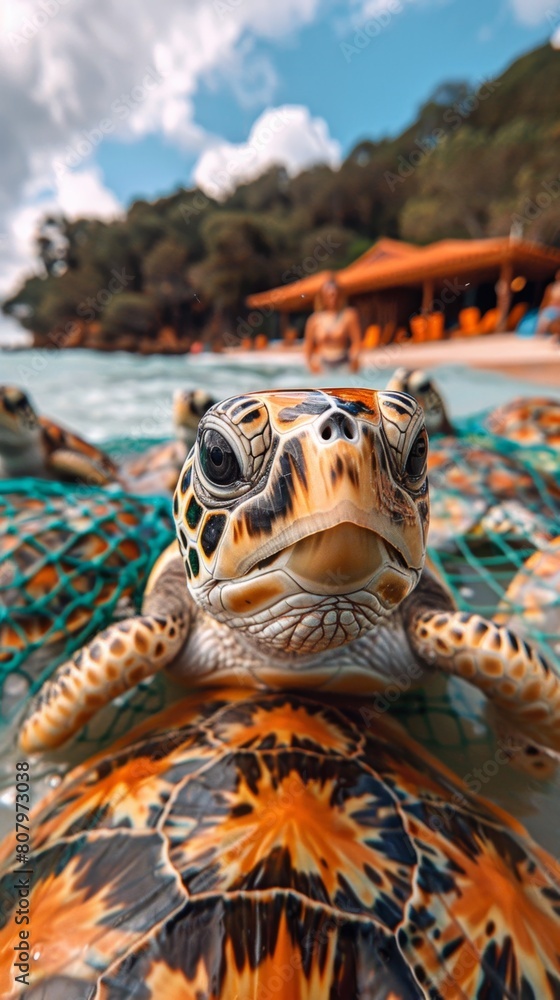 Turtles trapped in fishing nets due to ocean pollution, in sea water ...