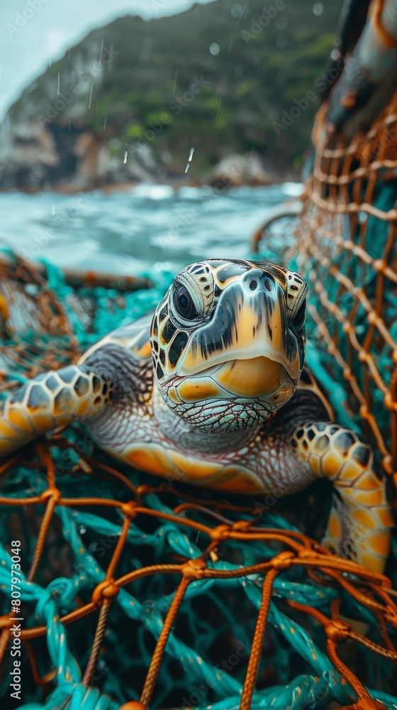 Turtles trapped in fishing nets due to ocean pollution, in sea water ...