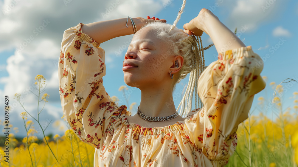 Happy black albino woman breathing fresh air outside in nature. African ...