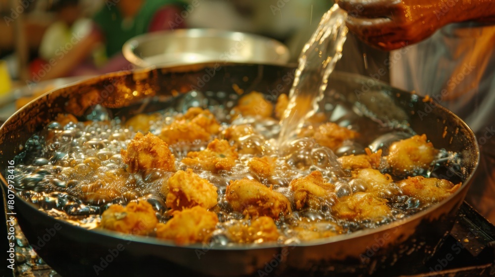 A chef frying crispy pakoras in bubbling hot oil, a popular Indian ...