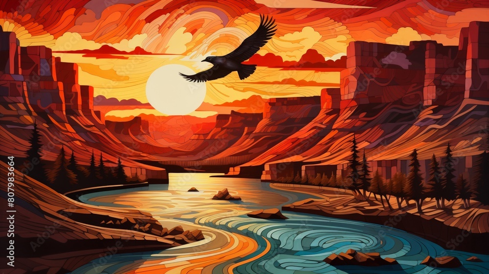 Red canyon river bend, sunset hues, soaring eagles, dramatic, papercut ...