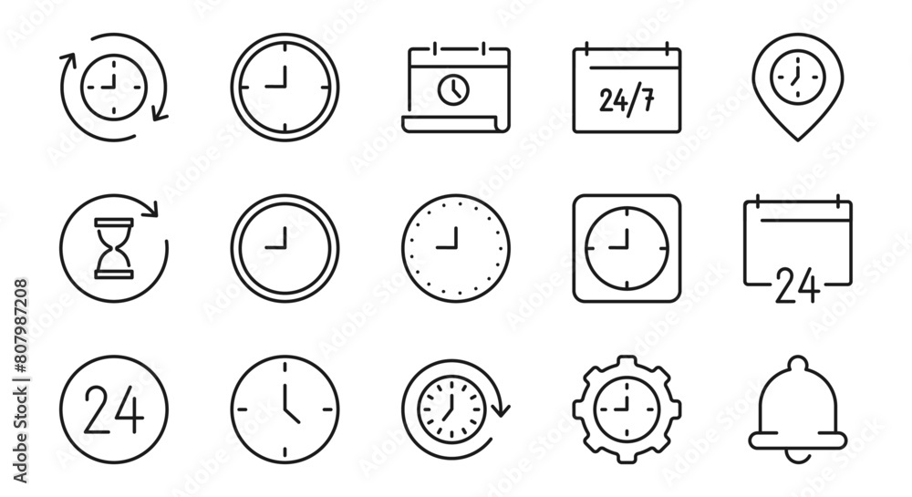 Clock and time line icons set 2. Timing, timer, alarm, watch, hour sign ...