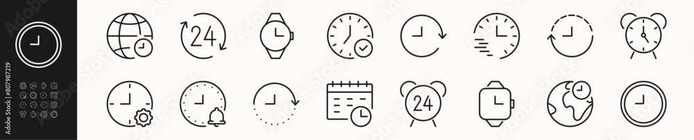 Clock and time line icons set 3. Timing, timer, alarm, watch, hour sign ...