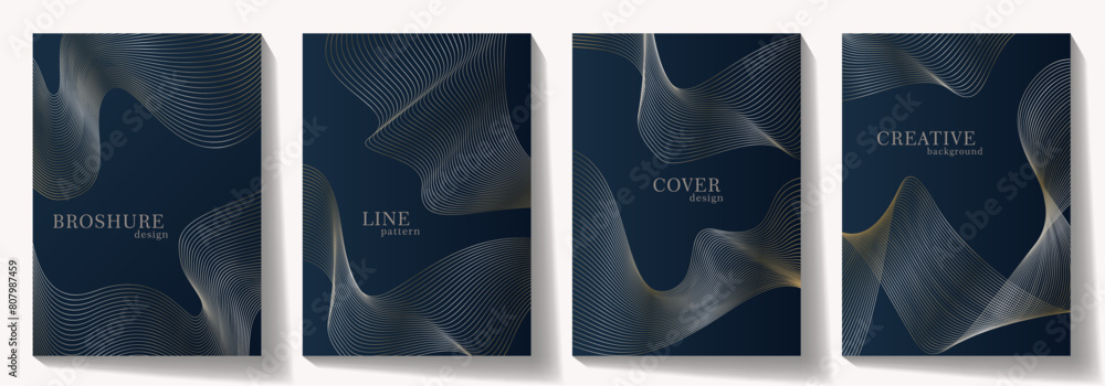 Elegant cover design set with gold lines and dark blue background ...