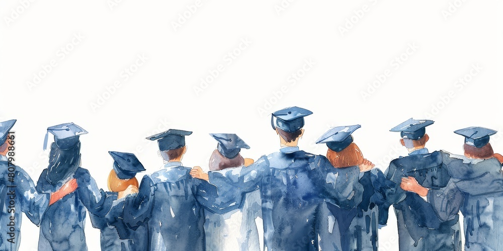 A group of graduates are standing together in blue graduation gowns ...