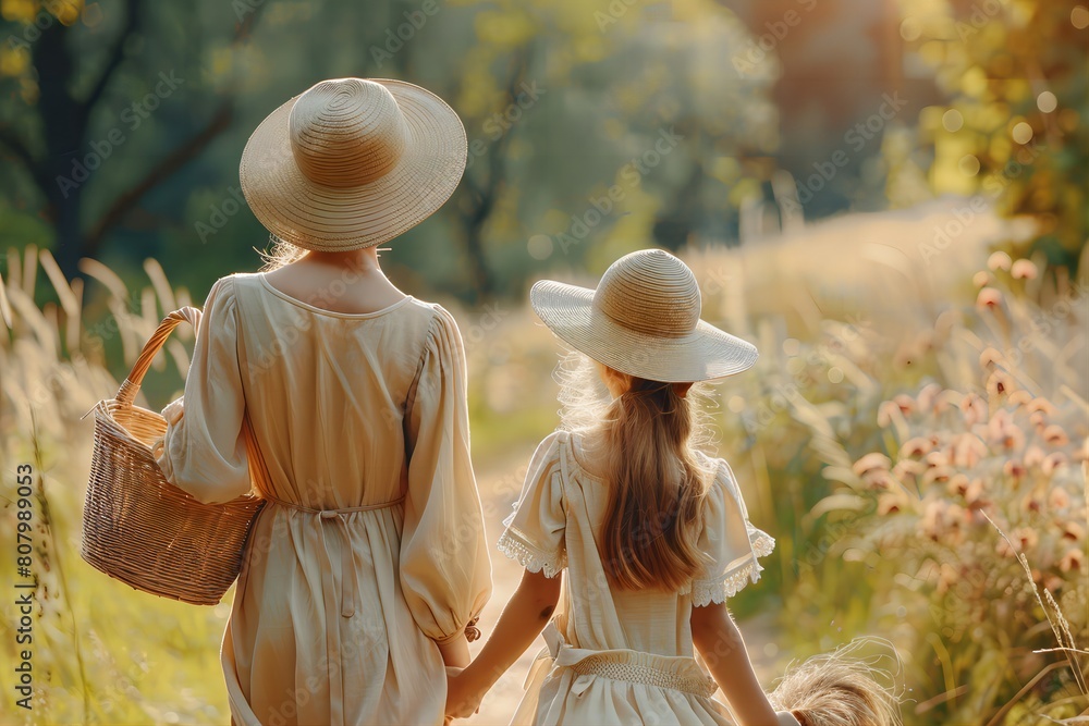 Joyful Mother and Daughter Stroll through Spring Forest Path with White Basket Stock Photo ...